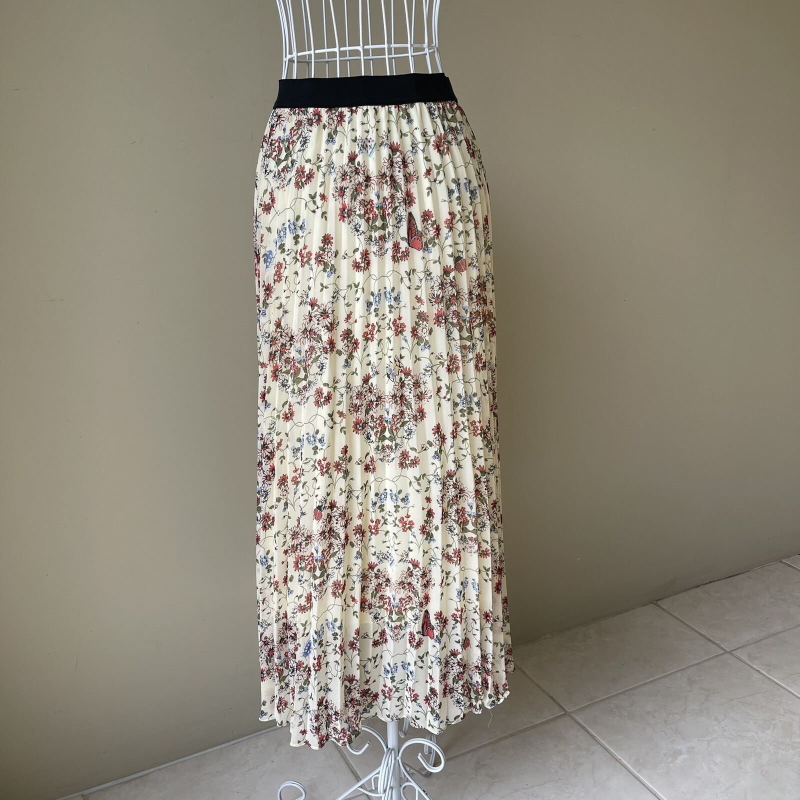 MAJE Jimel Floral Pleated Midi Skirt ribbon waist siz… - Gem