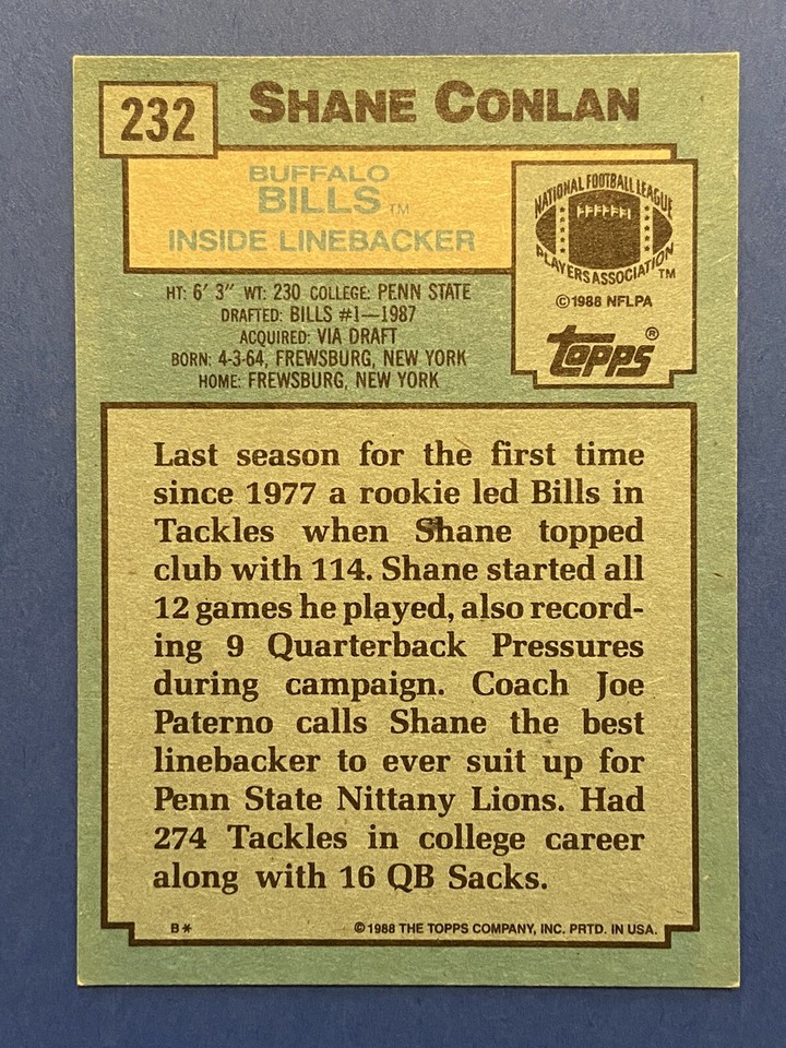 SHANE CONLAN CF HOF Signed ROOKIE 1988 Topps #232 Bill Penn State ...