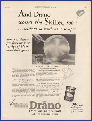 Vintage 1929 DRANO Cleans Opens Drains Scours The Skillet Plumbing 20's ...