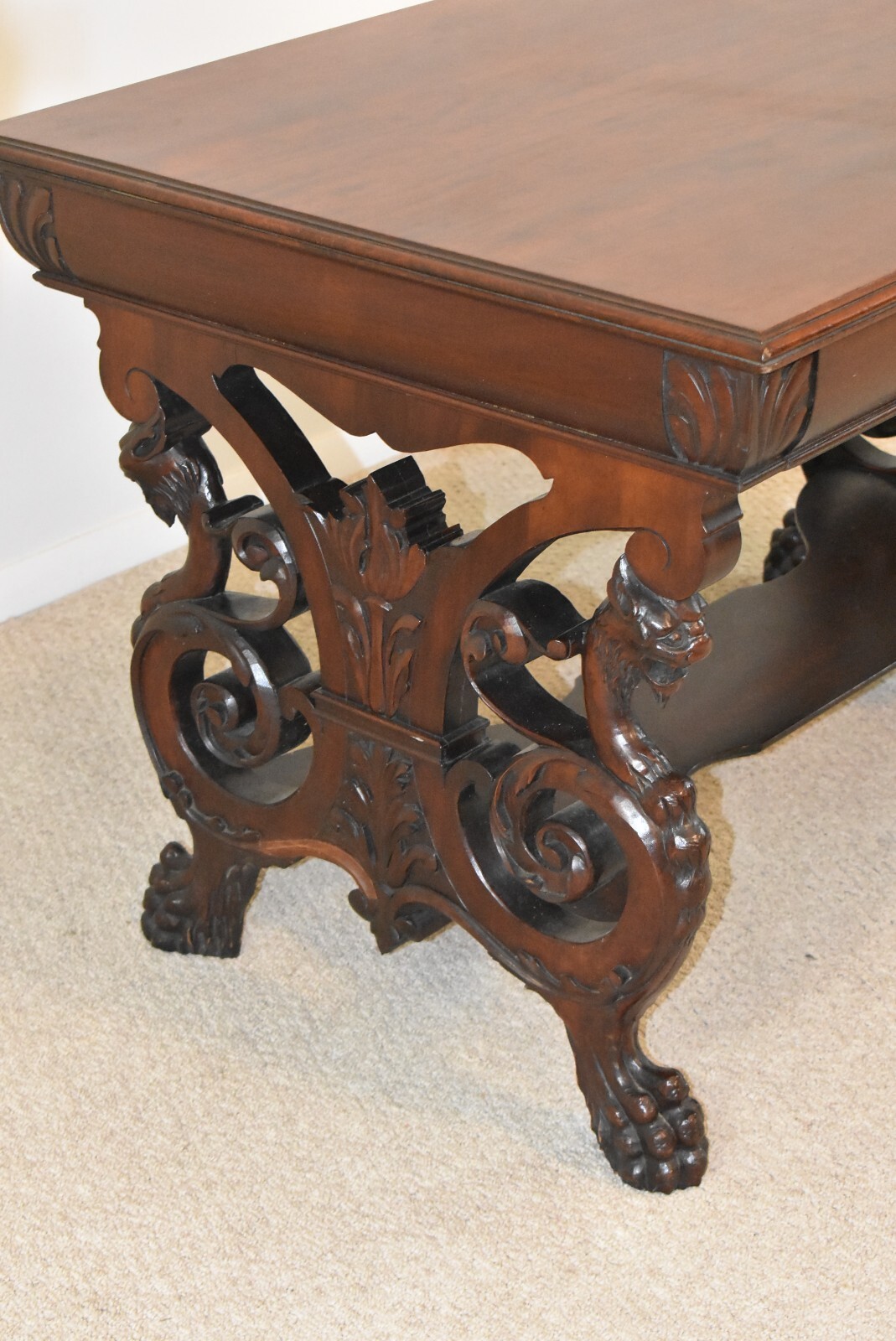Antique Mahogany Library Table Gargoyle Detailed Base and Paw Feet ...