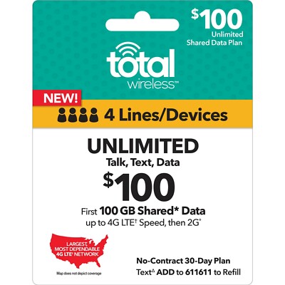Total Wireless 4 Line $100/Month Online Refill: Unlimited Talk, Text ...