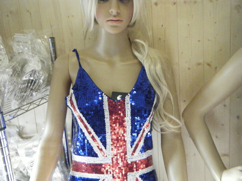 BLUE UNION JACK ENGLAND BLING SEQUINNED LADIES FANCY DRESS COSTUME SIZE ...