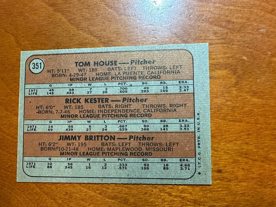 1972 Topps #351 Tom House / Rick Kester / Jimmy Britton RC - FREE ...