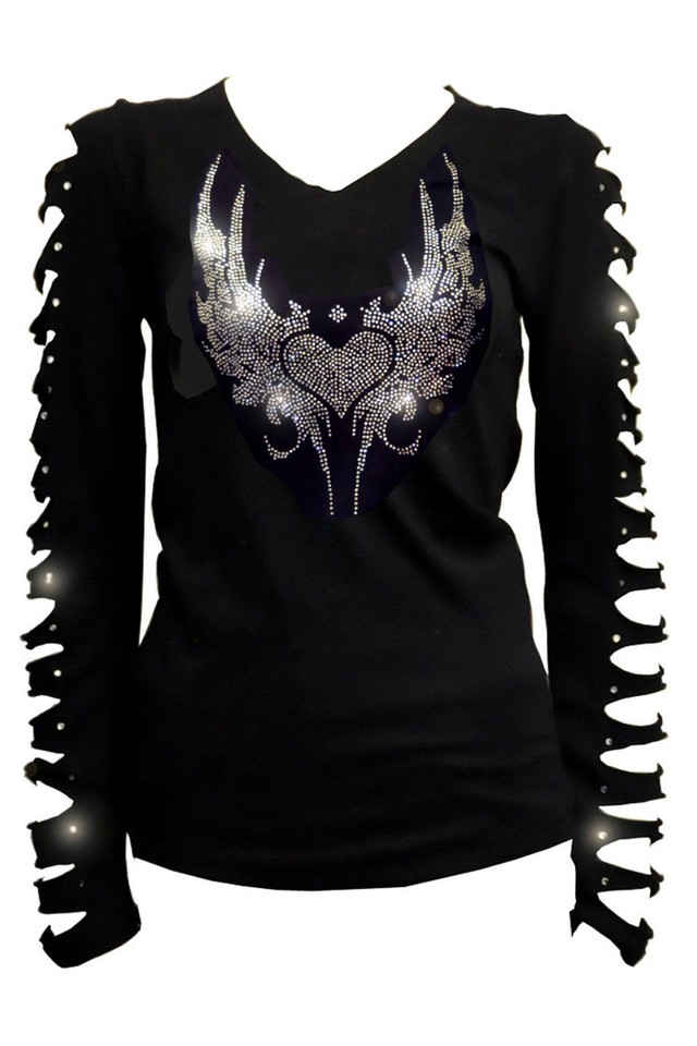 Bling Bling Angel Wings,Hearts Rhinestone Shirt Ripped Slit Cut Out T ...