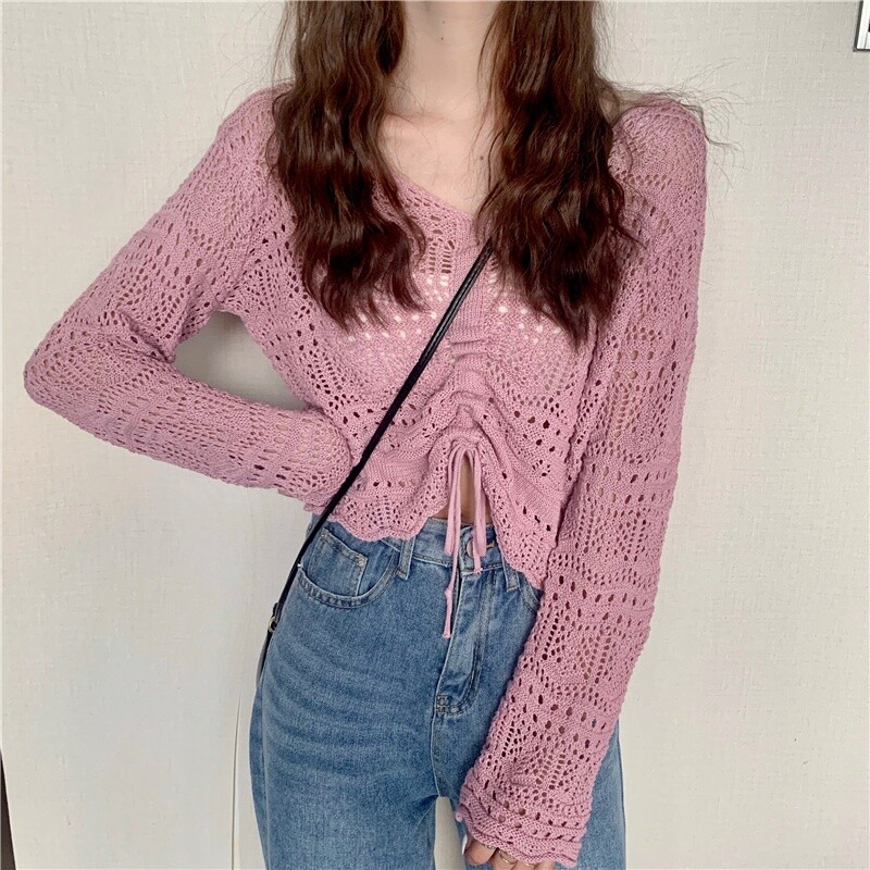 Women Knitted Cropped Sweater Hollow Crochet Pullover Drawstring Thin ...