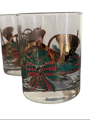 CULVER CHRISTMAS YULE HORN OLD FASHIONED GLASSES 22 K GOLD SET OF 4 NEW ...