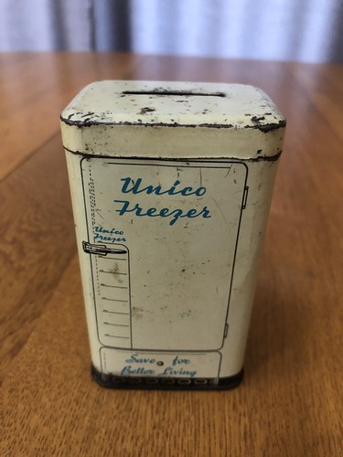 VINTAGE TIN LITHO UNICO FREEZER ADVERTISING COIN BANK | eBay