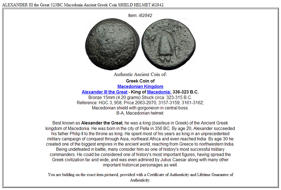ALEXANDER III the Great 323BC Macedonia Ancient Greek Coin SHIELD ...