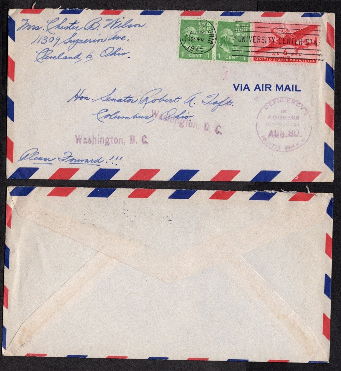 1945 Cover to Senator Robert Taft - Deficiency, Forwarded | eBay
