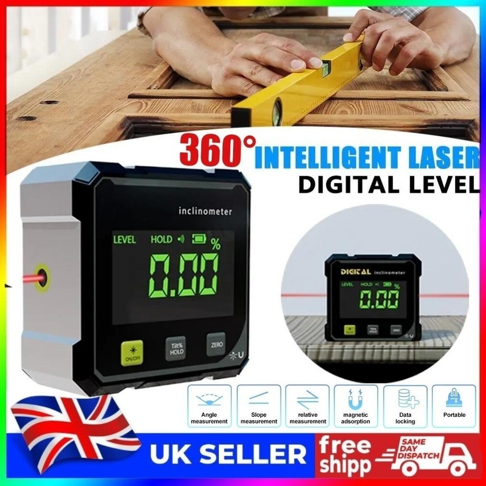 360° Magnetic Digital Protractor Angle Finder w/ Laser 4 side ...