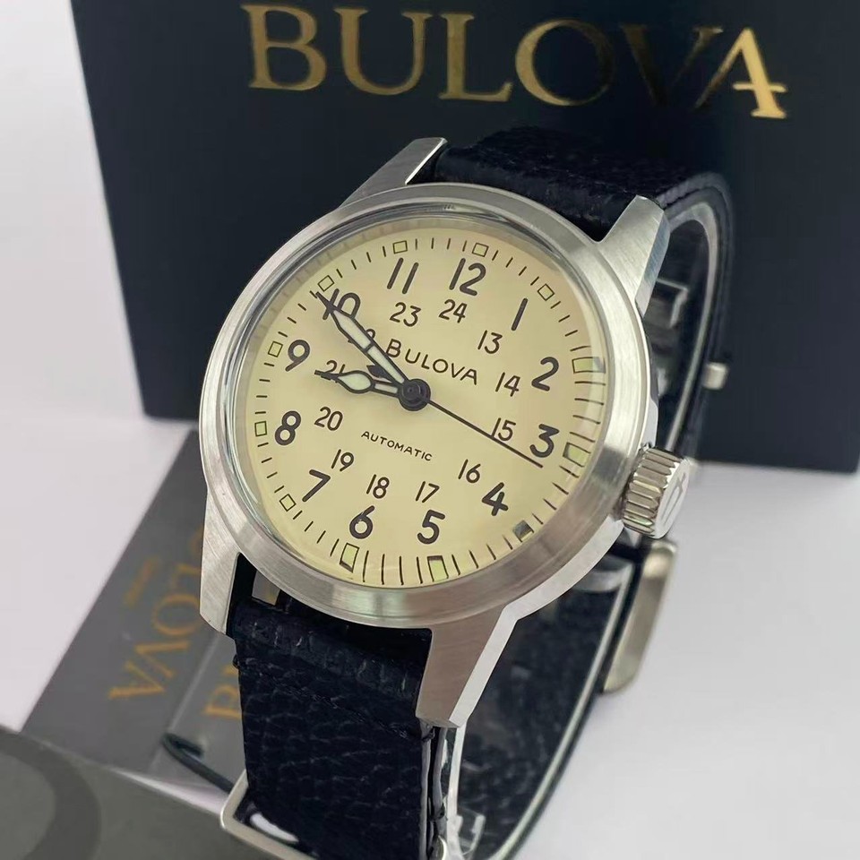 Bulova Hack 96A246 Ivory Dial Black Leather Strap Men's Automatic Watch ...