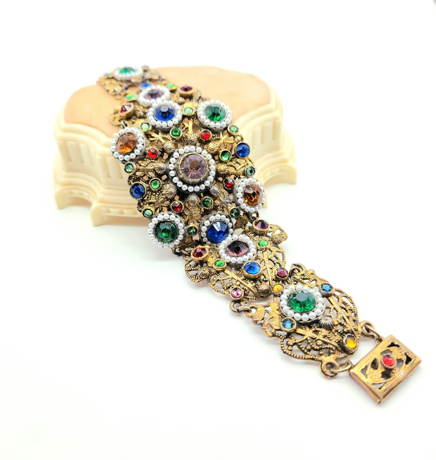 Vintage Czech Filigree Multi Color Rhinestone And Fau… - Gem