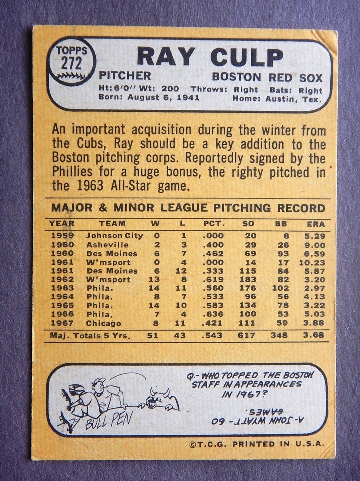 Ray Culp #272 Topps 1968 Baseball Card (Boston Red Sox) A | eBay