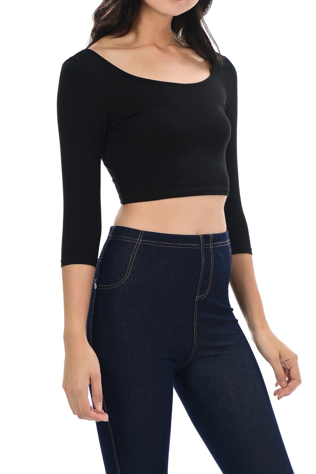 Auline Colletion Womens Solid Color Basic Cropped Top Crop top Scooped ...