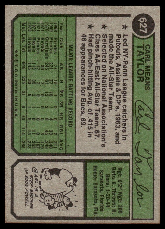 1974 Topps Carl Taylor #627 Kansas City Royals Baseball Card | eBay
