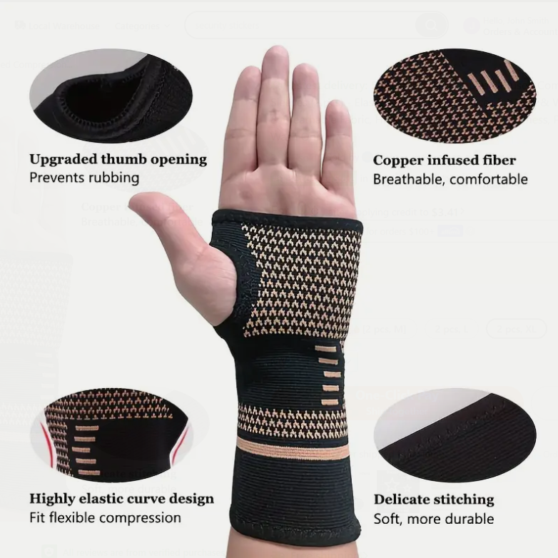 Copper Wrist Compression Glove Hand Support Pain Relief Joint Self Care ...