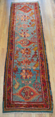 Antique Turkish Oushak Runner 3'x11'5" Hand Knotted Wool Turquoise ...