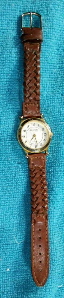 Ladies Eternity Goldtone Analog Quartz Watch Braided Brown Leather Band ...
