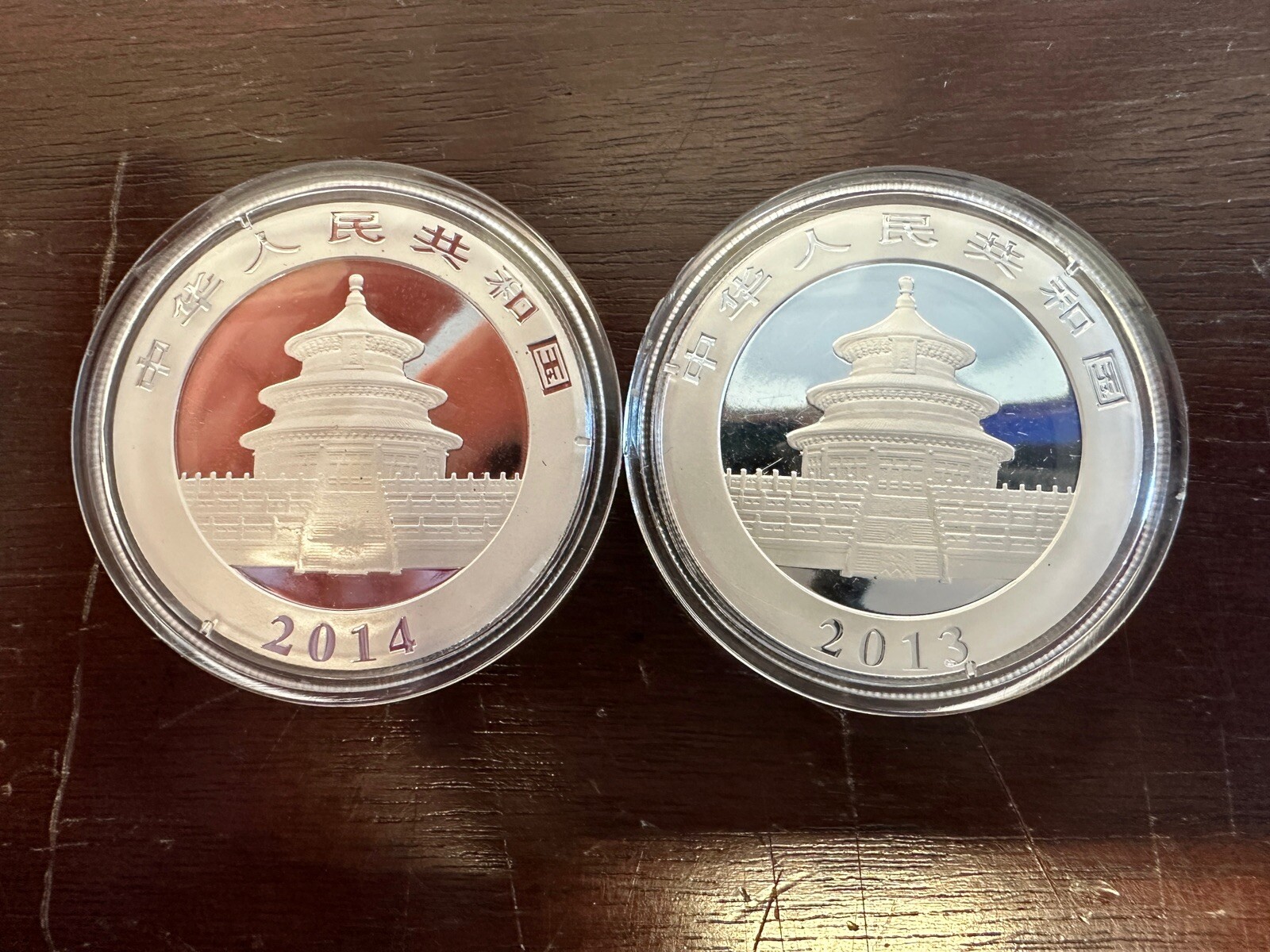 Two (2) - China 1 oz .999 Silver Panda 10 Yuan Coins in orig caps 2013 ...
