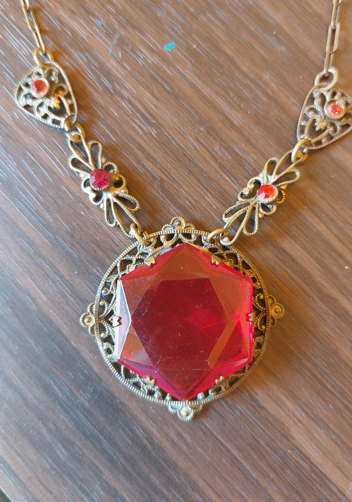 Beautiful Victorian Filigree And Red Glass Necklace - Gem