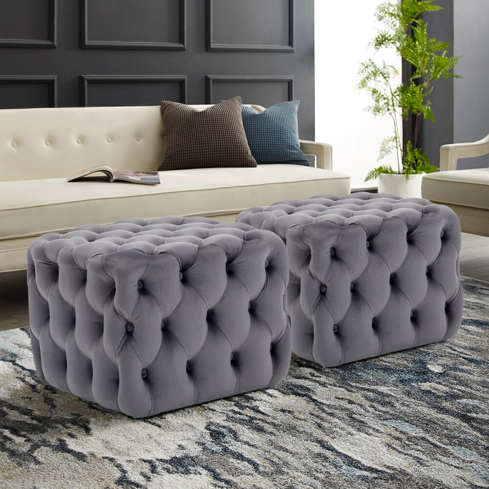 Luxury Grey Buttoned Ottomans Square/Round Plush Velvet Coffee Tables ...