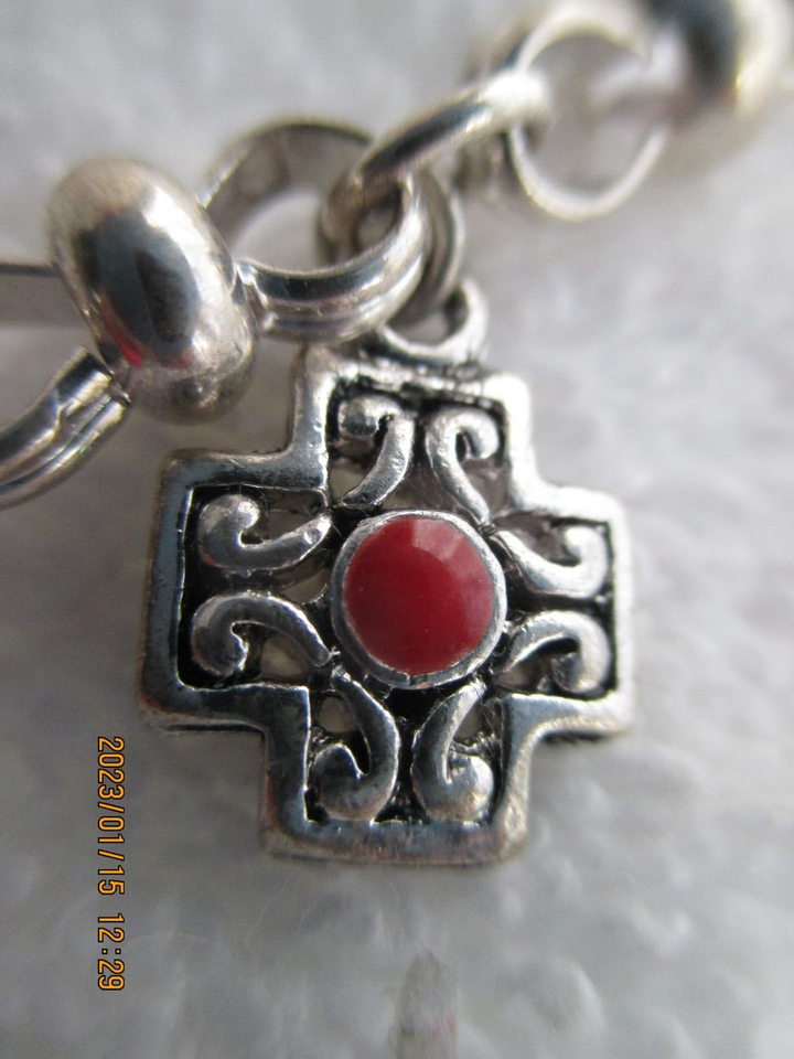 Silver Chain with Red & Silver Charm Bracelet 7-3/4" Plus 3/4" Vintage ...