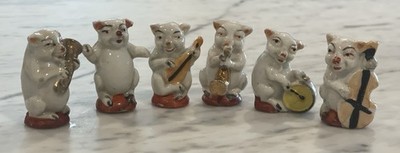 6 Porcelain Piglets Playing Musical Instruments In a Band. Stamped Made ...