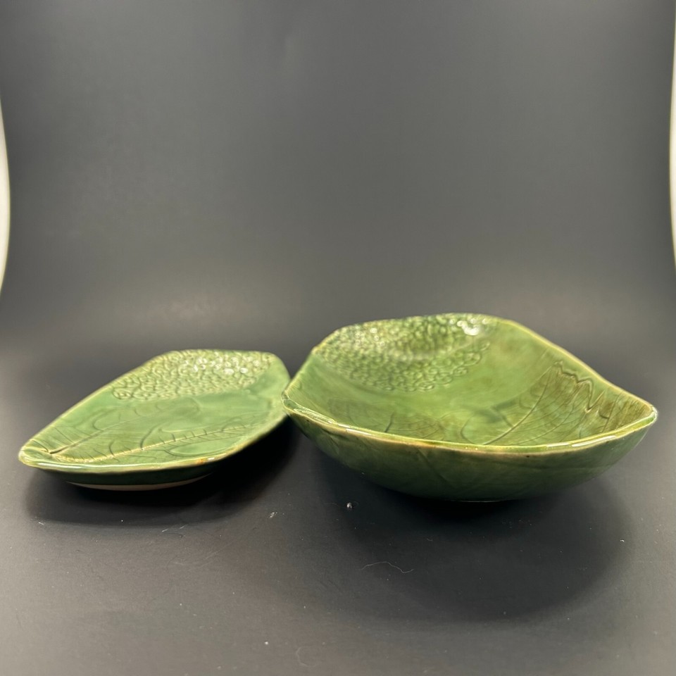 Studio Pottery Hand Made Serving Tray Dishes in Green w Maple Leaf ...