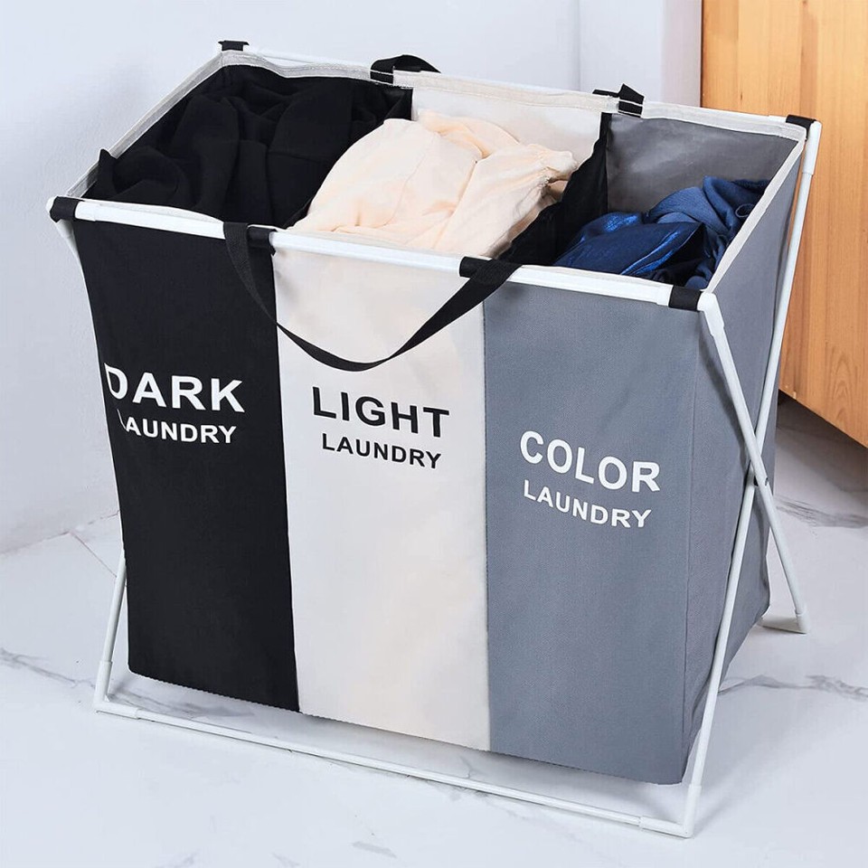 2 / 3 COMPARTMENT LAUNDRY CLOTHES WASHING STORAGE BASKET HAMPER DARK ...