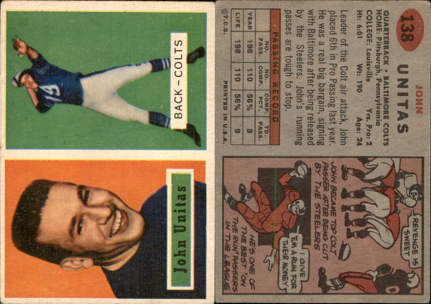 Johnny Unitas 1957 Topps #138 RC Card Baltimore Colts FREE SHIP ...