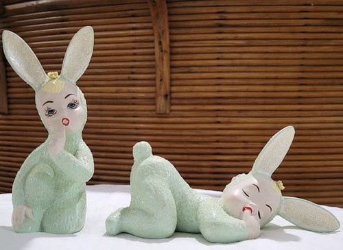 Vintage 60's MCM Easter Bunny Suit Ceramic Figurine Set Mica Pixie Baby ...