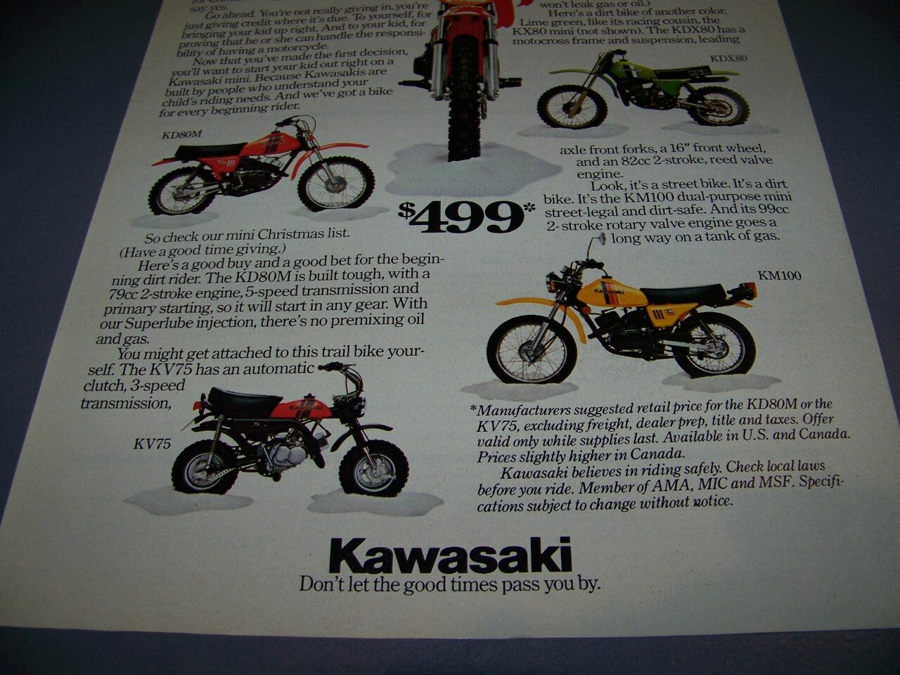 VINTAGE..1979 KAWASAKI KD80M/KV75/KDX80/KM100...COLOR SALES AD...RARE ...