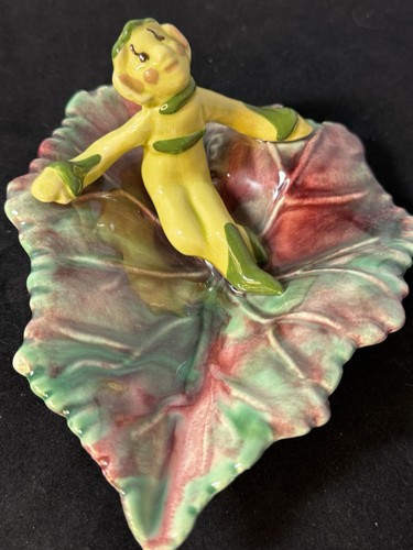 Vintage Art Pottery Pixie Elf Leaf Dish Drip Glaze Green Pink Numbered ...