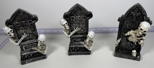 Spooky Set of 3 Skeleton Getting Out Headstone Halloween 6" Tabletop ...