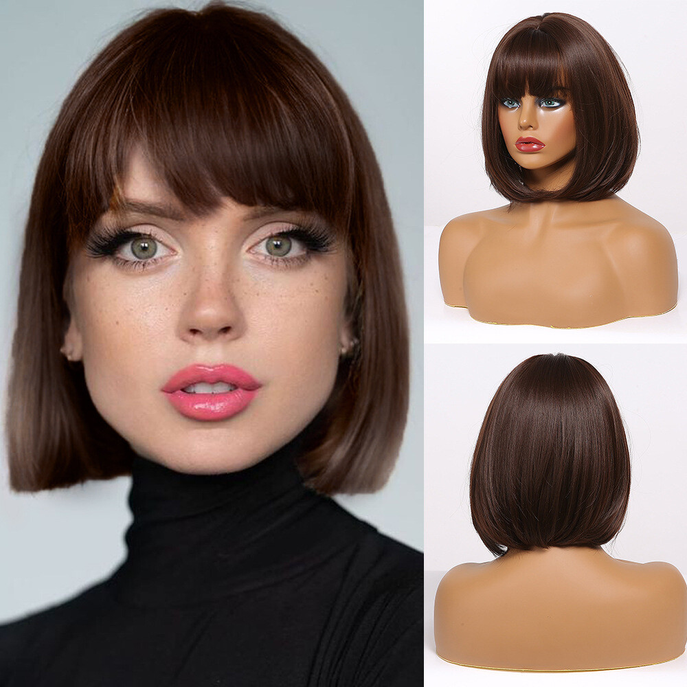 POP Women Short Wigs Brown Blonde Red Natural Human Hair Party Cosplay ...