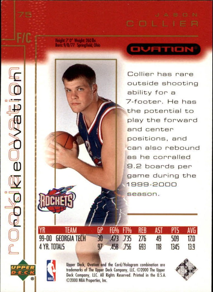 2000-01 Upper Deck Ovation Rockets Basketball Card #75 Jason Collier ...