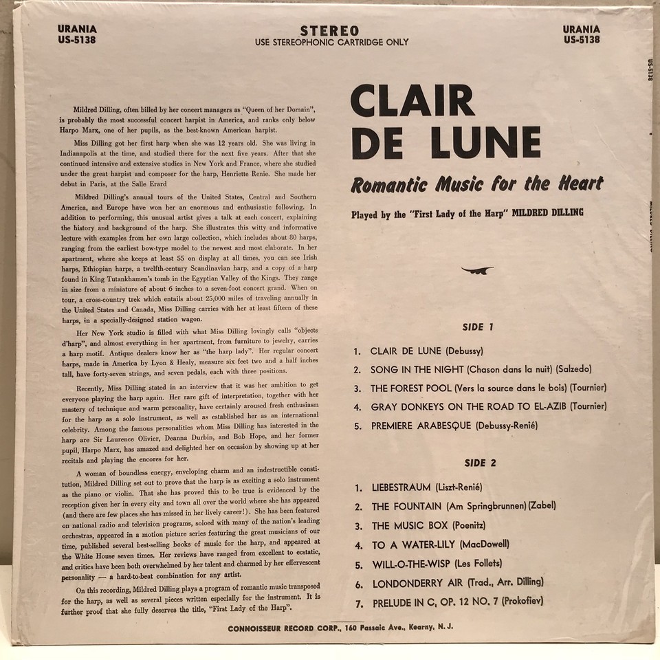 Mildred Dilling "Romantic Music For The Harp" LP Urania US 5138 VG ...