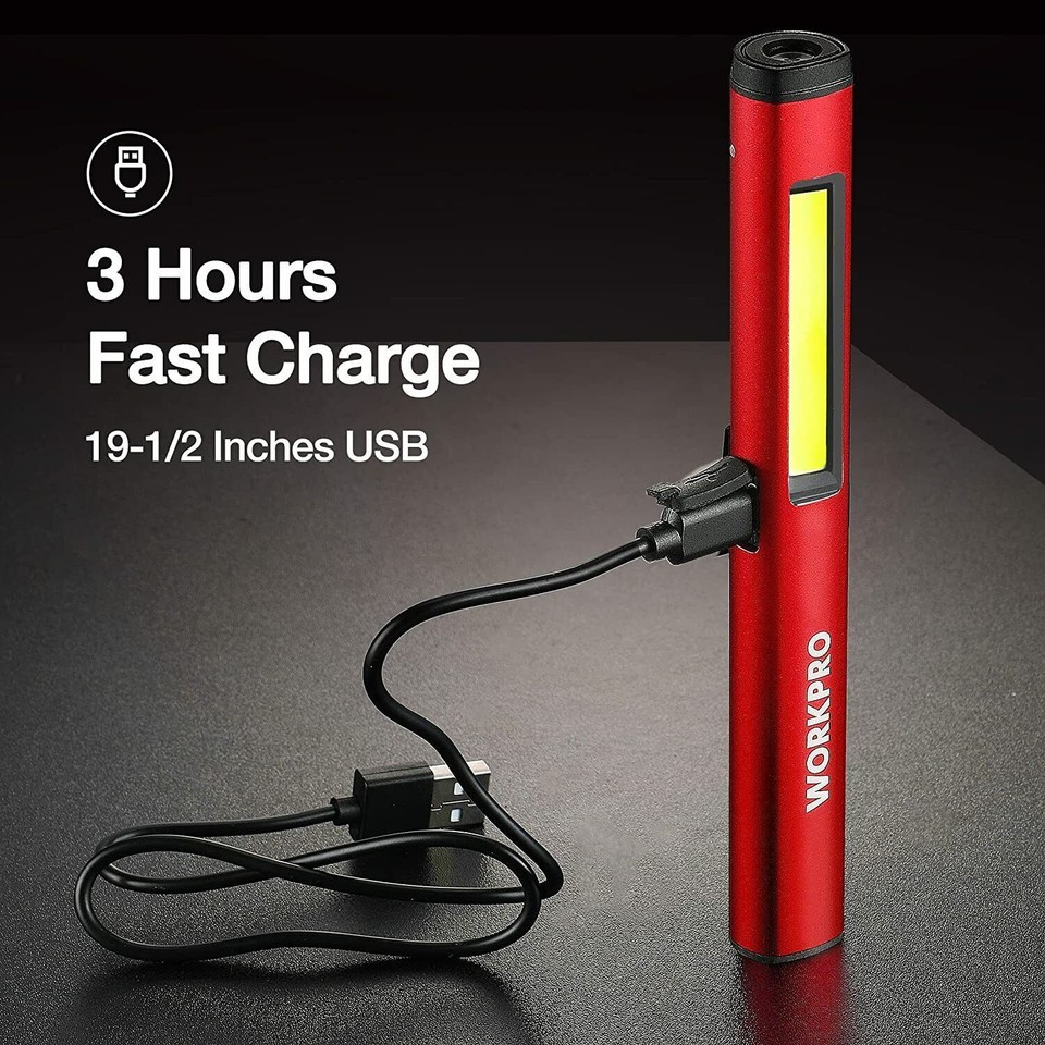 WORKPRO 450lumen USB Rechargable LED Flashlight Clip Light Penlight ...