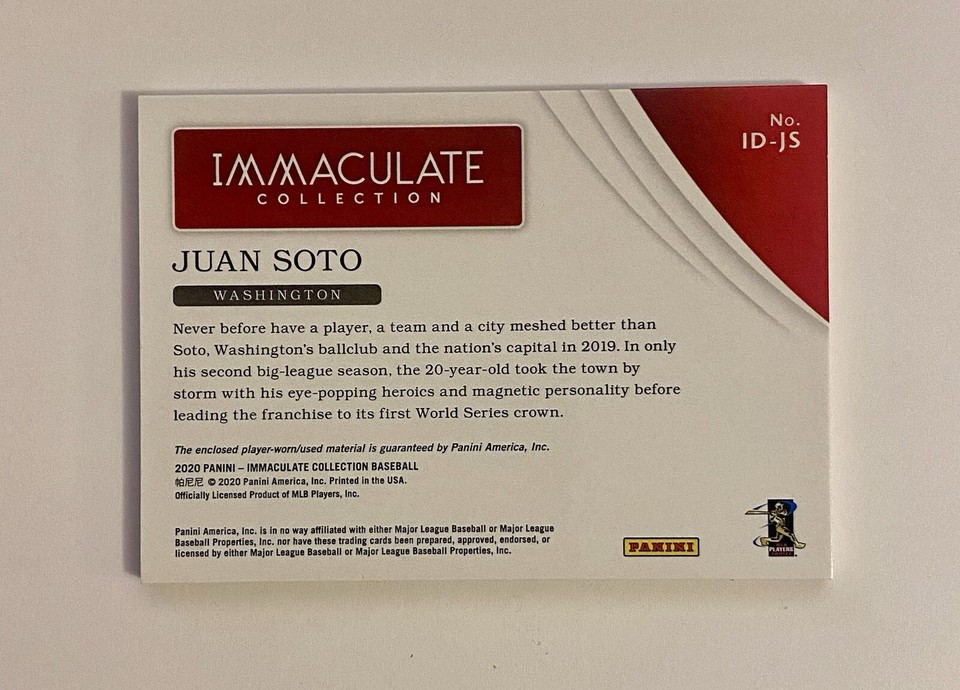 Juan Soto, immaculate player worn/used low numbered 31/49 Dual patch ...