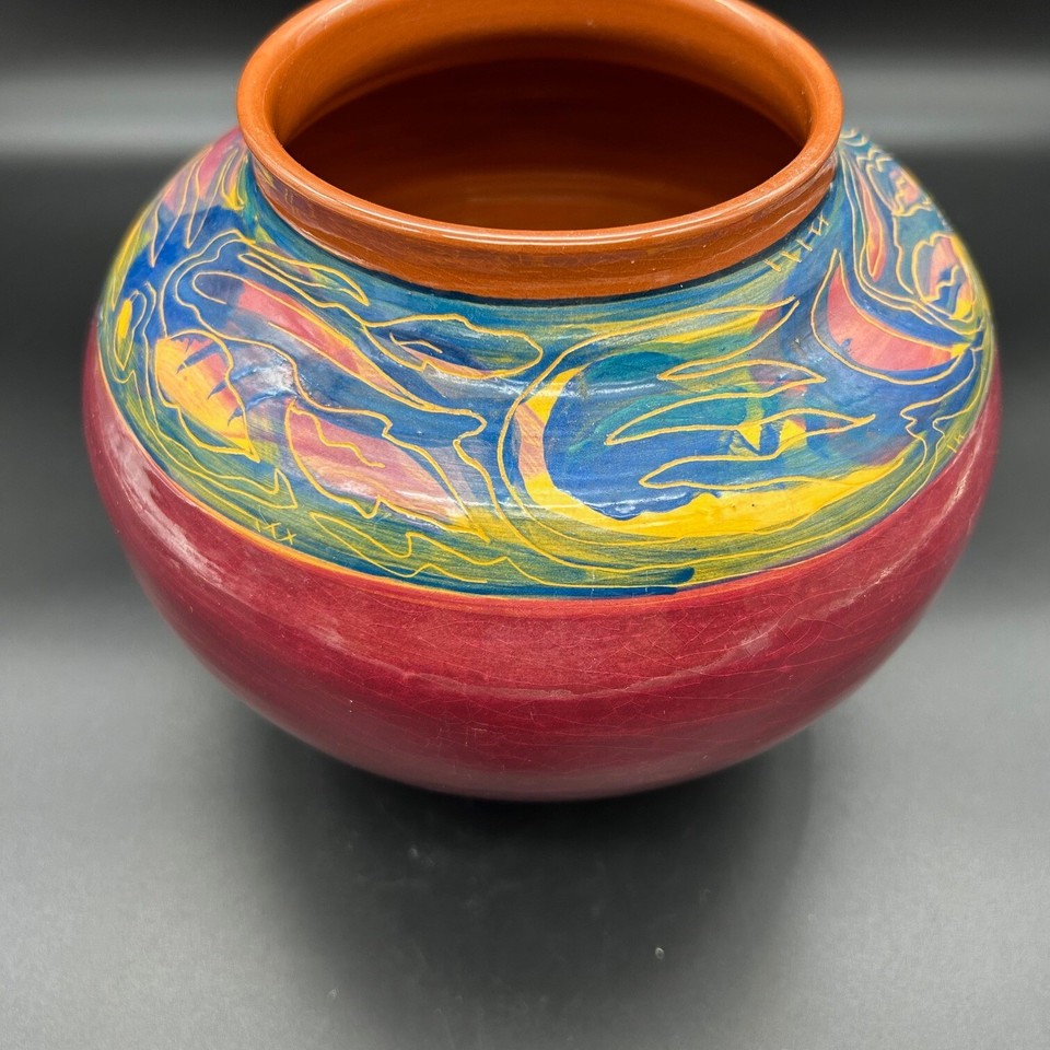 Hand Thrown Colorful Incised Pottery Vase Artist Signed Hawk Wings | eBay