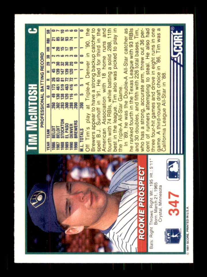 1991 Baseball Score Tim McIntosh Milwaukee Brewers #347 RP RC | eBay