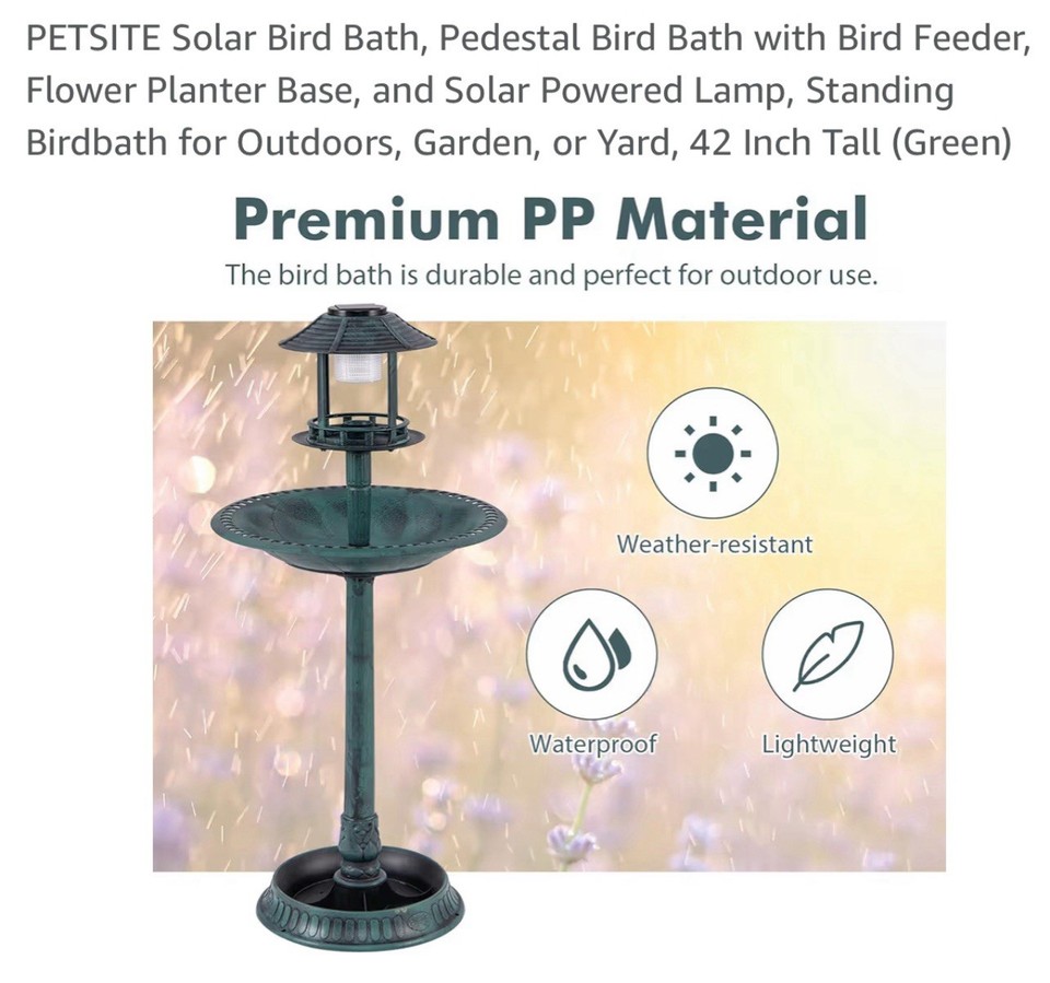 Green Outdoor Garden Bird Bath with Solar Light, Bird Feeder and Flower ...
