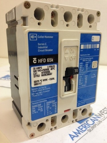 Cutler Hammer HFD3030L 30 AMP 600VAC 3 Pole 65 K Circuit Breaker TESTED ...