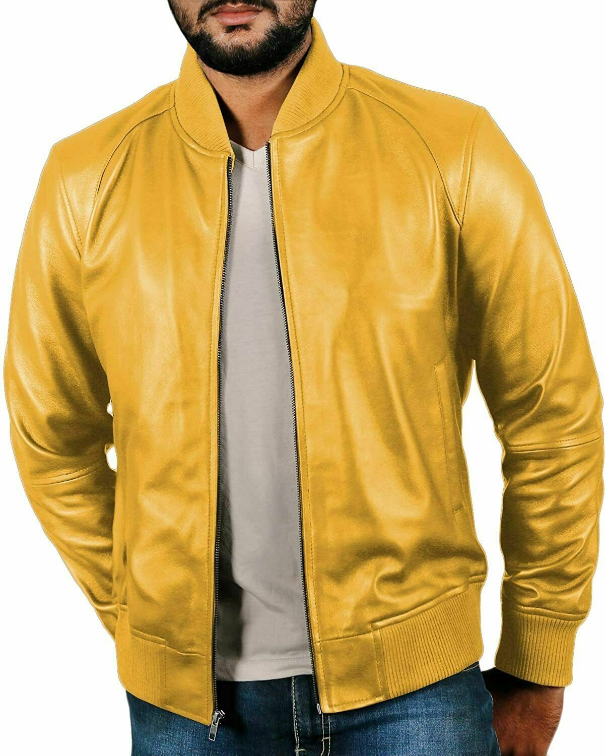 New Bomber Leather Jacket Men Yellow Genuine Lambskin Biker Casual ...