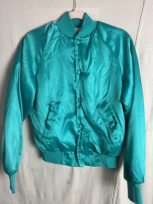 Vintage Blank Snap Button Satin Bomber Jacket XS TURQUOISE USA 70s 80s ...