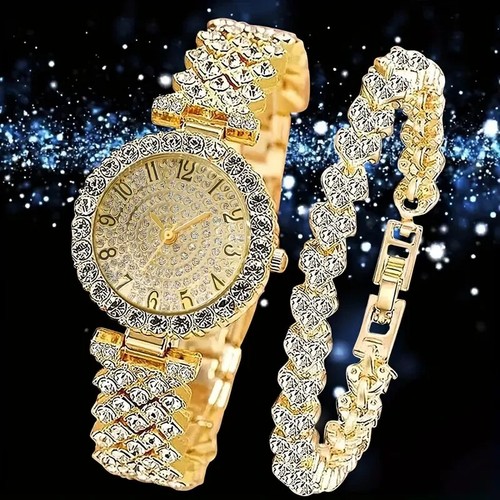 2 Pc Luxury Shiny Golden Rhinestone Watch Quartz Bracelet Gift Women ...