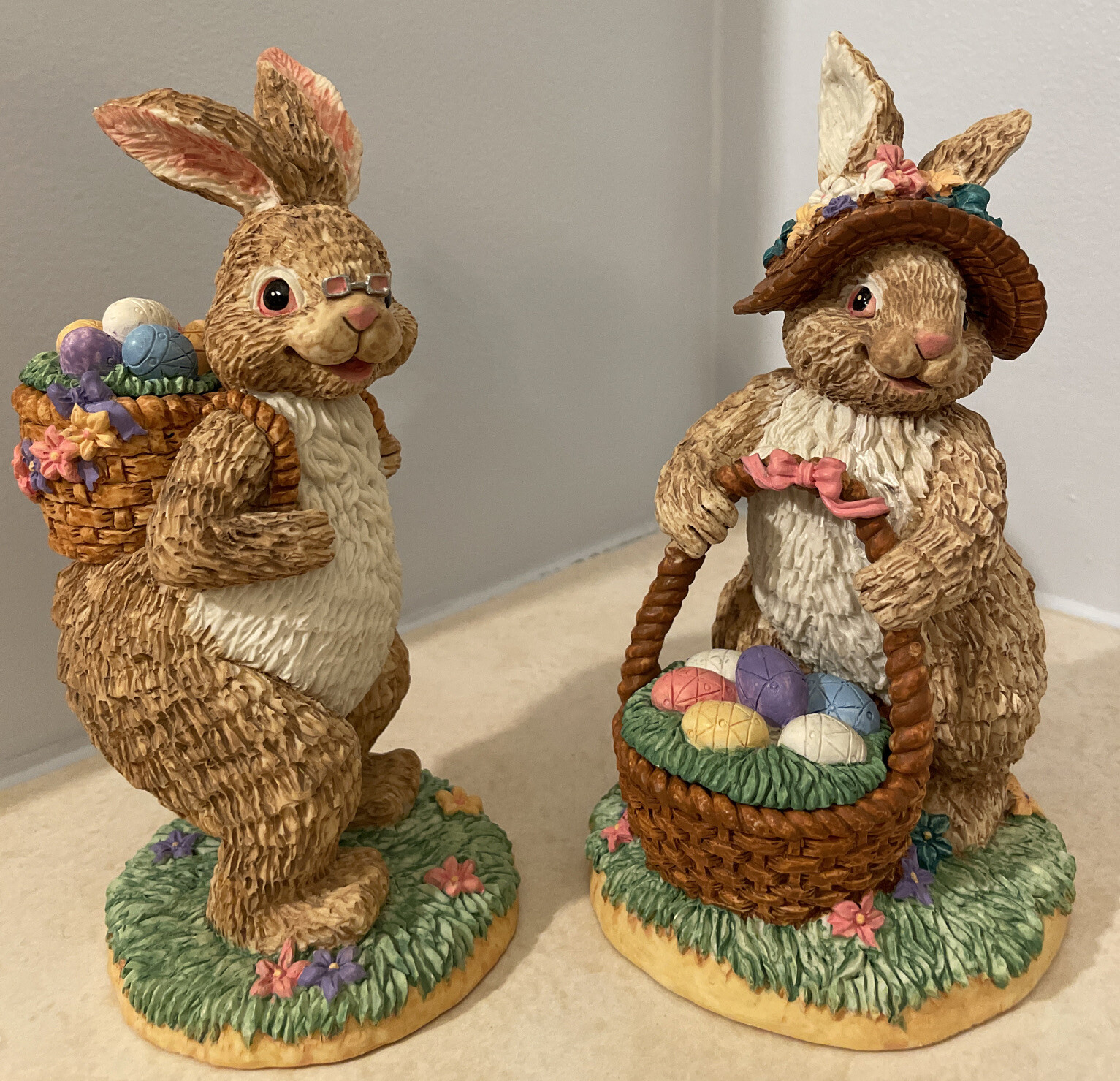 Set of 2 Dept 56 Vintage Easter Bunny Figurine Rabbit Basket Eggs ...