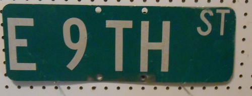 VINTAGE USED STREET SIGN E or W 9TH ST GREEN W WHITE LETTERS 6 x 18 or ...