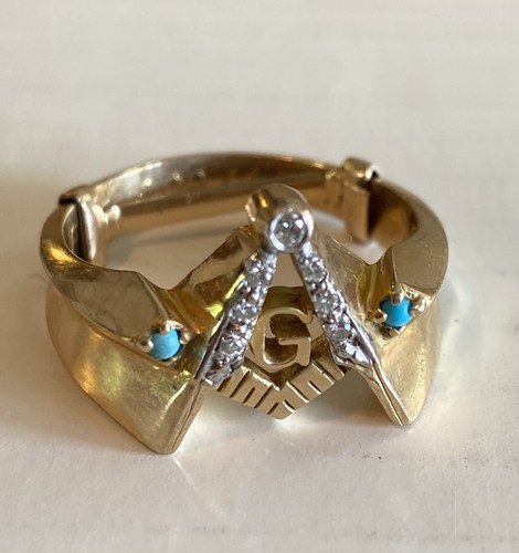 Vintage Shriners Masonic Men’s Ring 10kt Gold Diamond Turquoise Antique ...