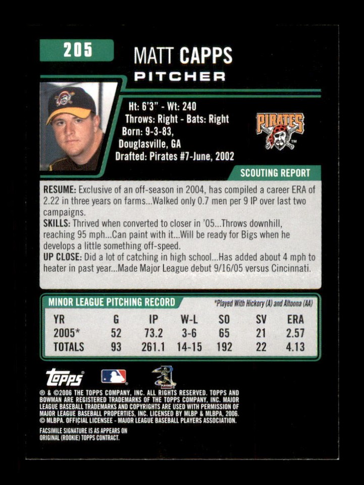 2006 Baseball Bowman Matt Capps Pittsburgh Pirates #205 Green RC | eBay